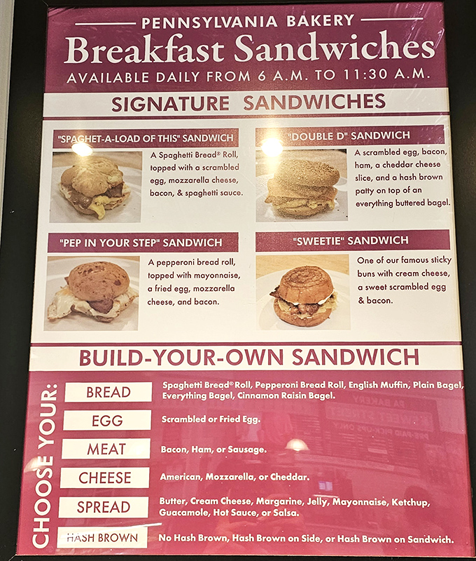 Breakfast sandwiches that defy convention—the "Spaghet-a-load of This" proves Pennsylvanians understand that pasta for breakfast isn't just acceptable, it's necessary.