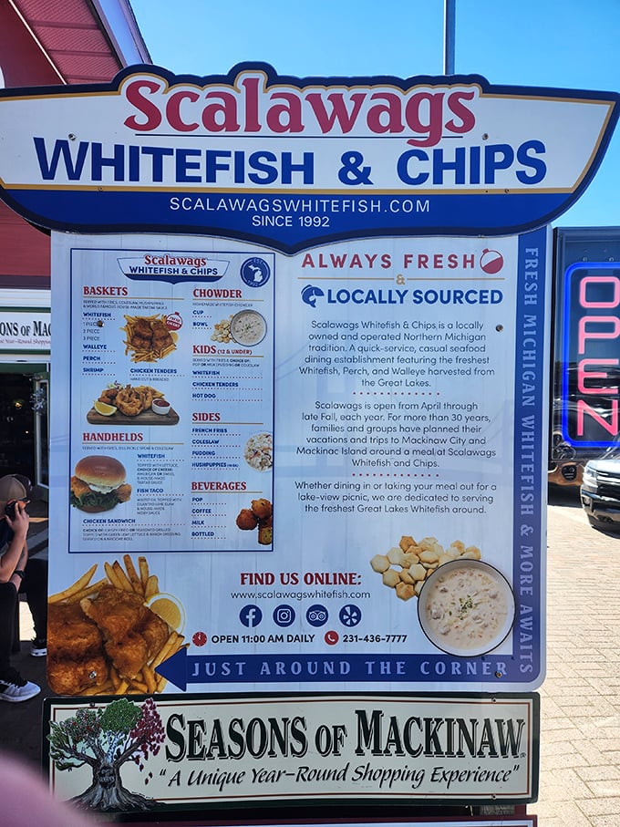 The menu board tells you everything you need to know—locally sourced, freshly caught, and lovingly prepared since 1992.