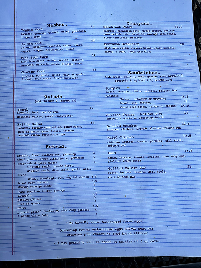 This menu isn't just a list of options – it's a roadmap to breakfast nirvana with hashes, tacos, and Clara Cakes that inspire devotion.