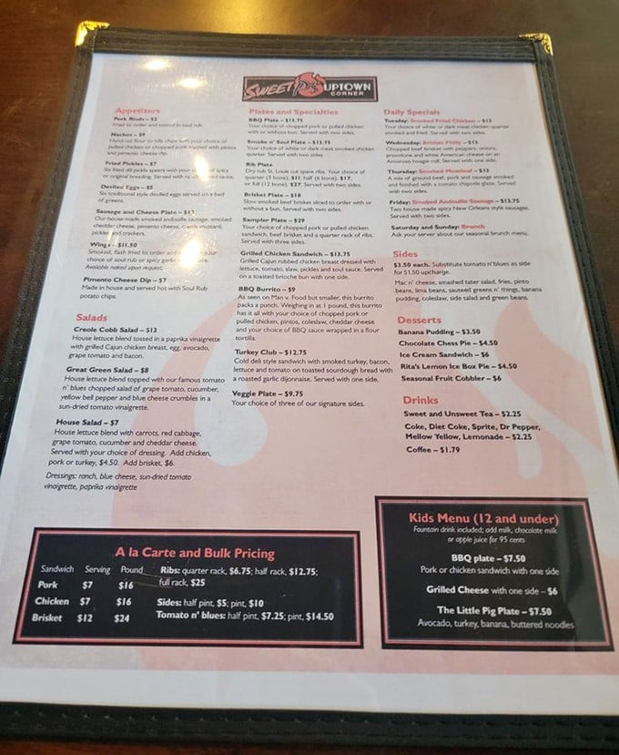 The menu reads like a love letter to Southern comfort food, with each description promising the kind of satisfaction that makes you plan your next visit before finishing your first meal.