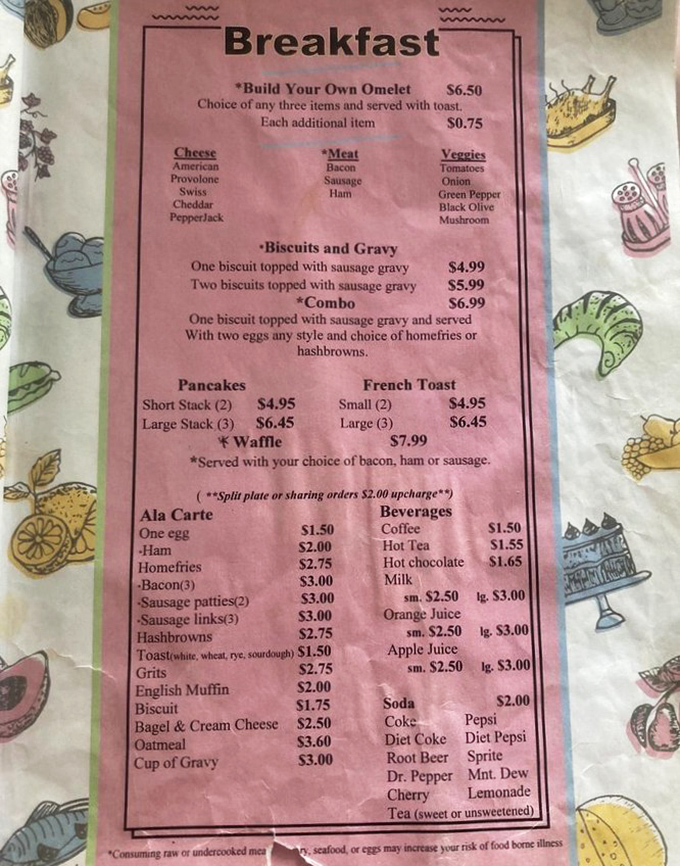 This isn't just a menu—it's a roadmap to happiness. The biscuits and gravy section deserves its own spotlight and standing ovation.