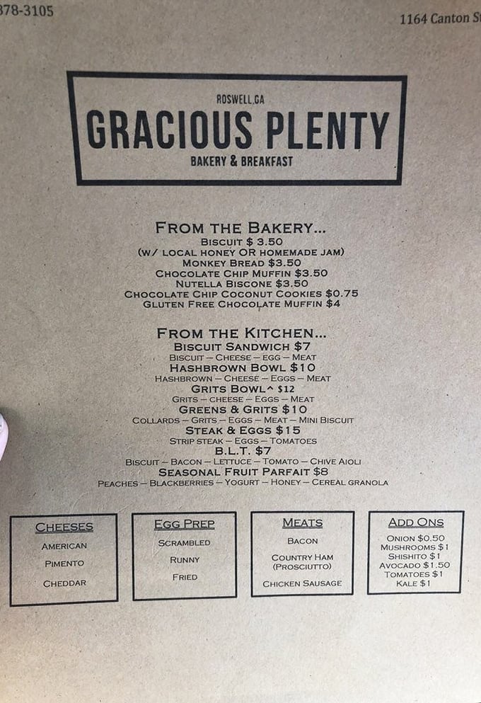 A menu that reads like a love letter to Southern breakfast traditions, with each item promising a different kind of morning happiness.