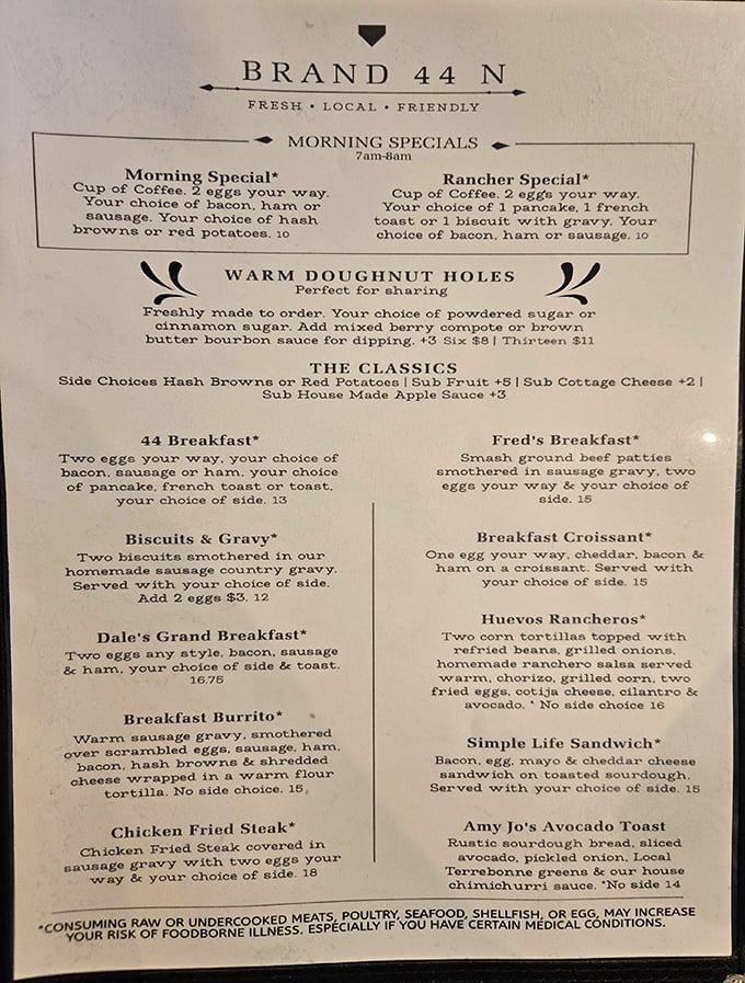 A menu that reads like breakfast poetry—each option more tempting than the last. The "Warm Doughnut Holes" section deserves its own spotlight.