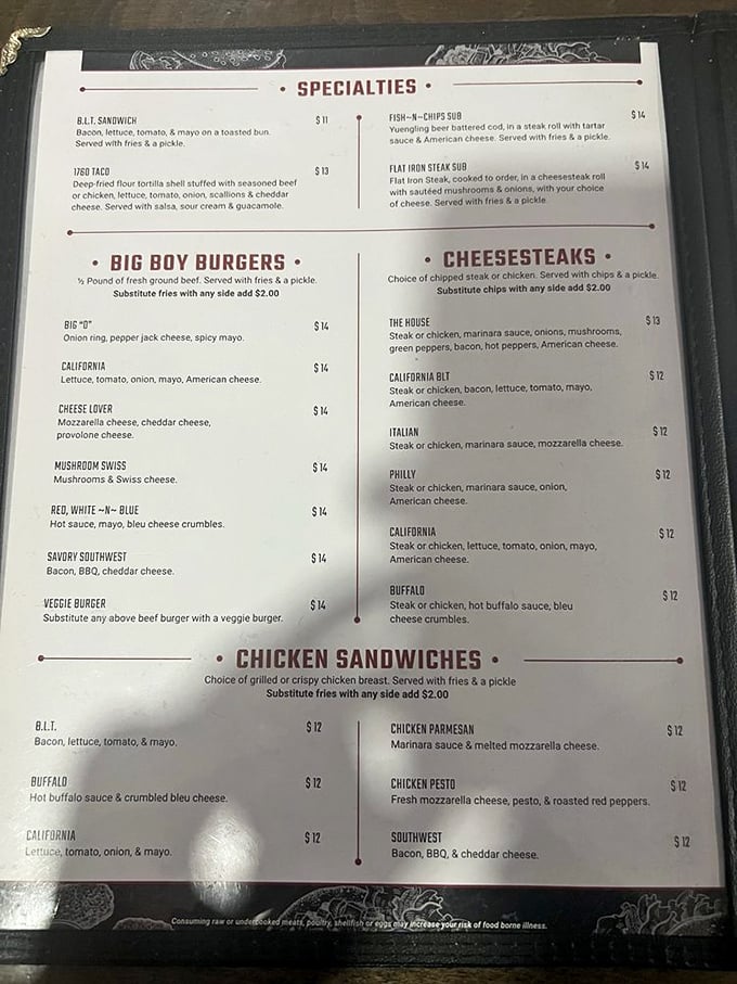 A menu that doesn't mess around. When a place dedicates this much real estate to cheesesteaks, you know they're serious about their sandwich game.