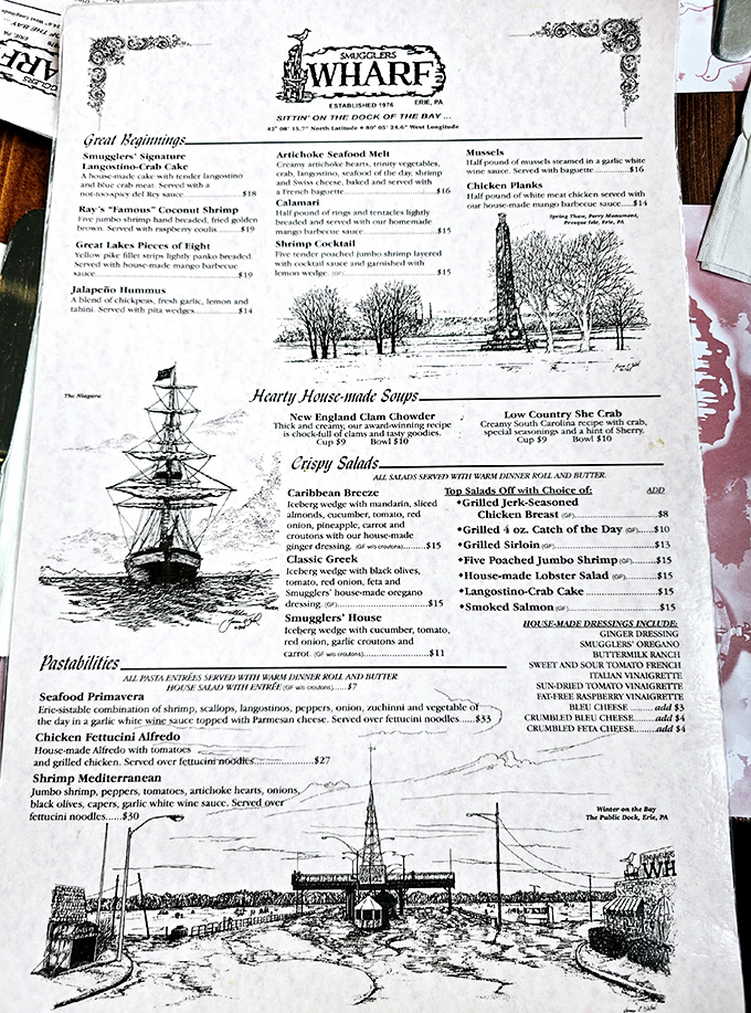A menu that reads like a maritime treasure map, complete with illustrations. X marks the spot where She Crab Soup becomes your new obsession.