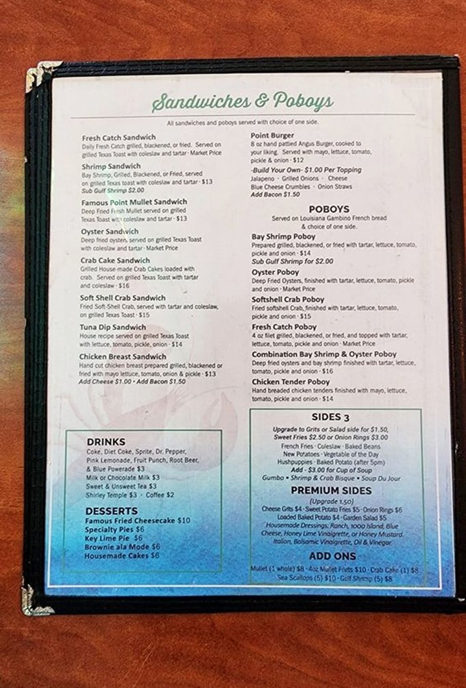This menu isn't just a list of options—it's a love letter to the Gulf, where mullet gets star billing and po'boys demand serious consideration.