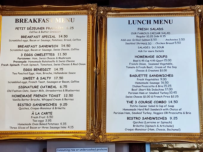 A menu framed like fine art—appropriate since these French classics deserve their own exhibition. The Eggs Benedict is the Mona Lisa here.