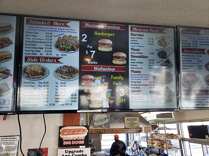 That menu board tells a story of culinary commitment—where Monday's two-for-special might be the best relationship you'll have all week.