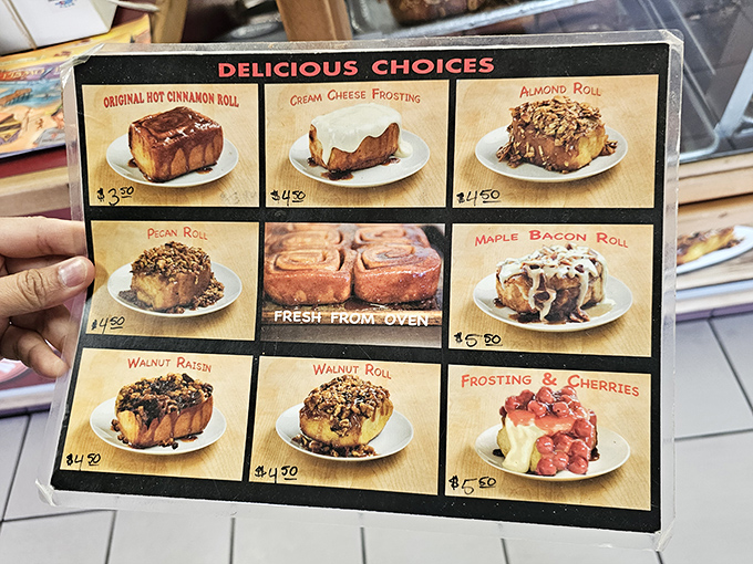 The menu board that's launched countless road trips. Each option promises a different path to cinnamon-scented bliss.