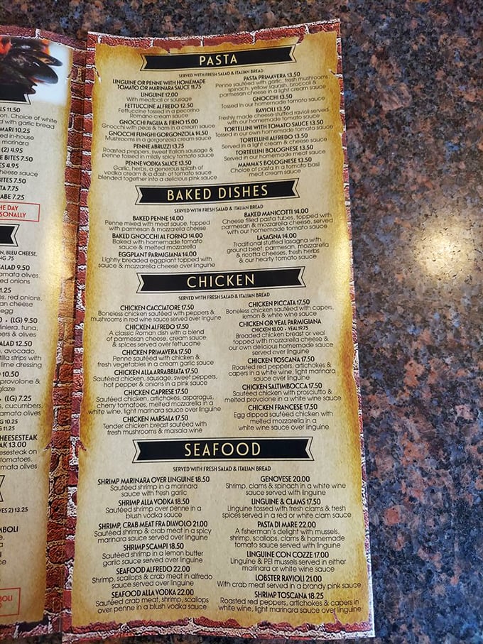 The menu reads like an Italian grandmother's love letter to comfort food. Each dish promises a different path to carb-induced bliss. 