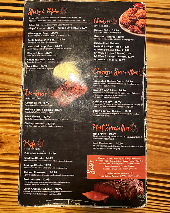 A menu that doesn't need fancy fonts or flowery descriptions—just honest food that speaks for itself. The steak selection alone is worth the drive.