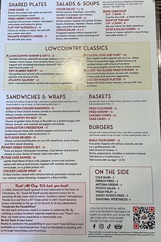 A menu that reads like a breakfast lover's diary, with plot twists involving shrimp and grits.