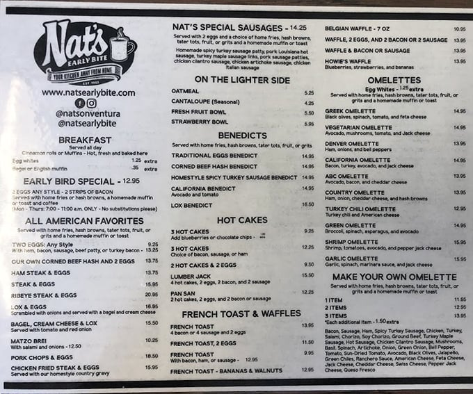 A menu that reads like a love letter to breakfast classics – no molecular gastronomy here, just honest-to-goodness morning delights that never go out of style.