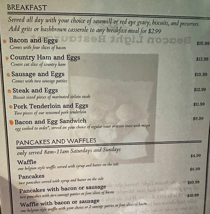 This menu reads like a love letter to Southern breakfast traditions. The choice between sawmill and red-eye gravy might be the hardest decision of your day.