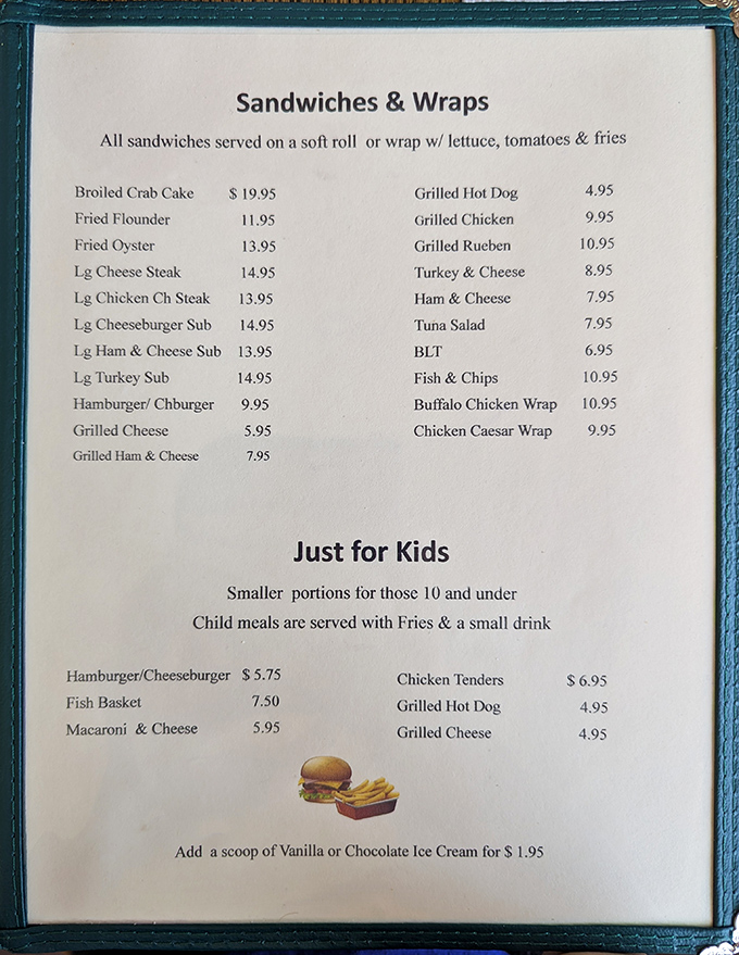 A menu that reads like poetry to seafood enthusiasts—where decisions between broiled crab cakes and fried flounder become life's most delicious dilemmas.
