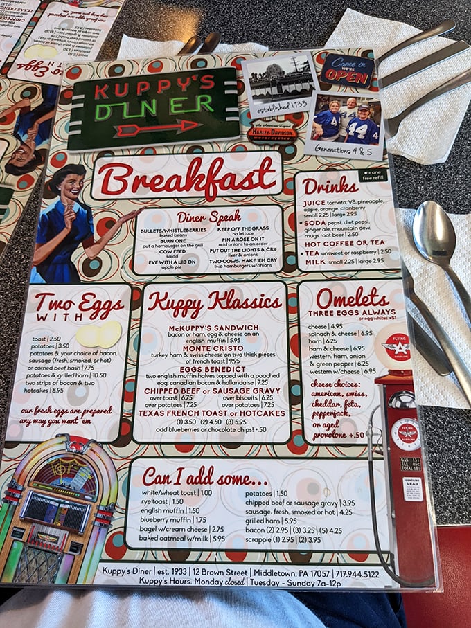 This menu isn't just a list of food—it's a cultural document. "Diner Speak" glossary included, because ordering should be as fun as eating.