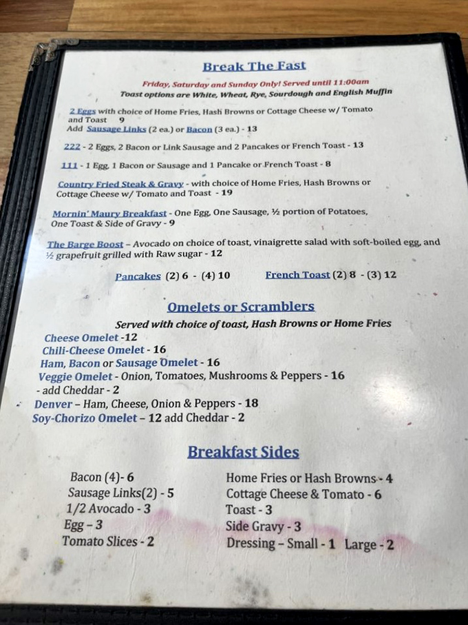 Breakfast that fuels maritime adventures. The menu offers everything from hearty "222" combos to the intriguingly named "Barge Boost"—sailor-approved sustenance.