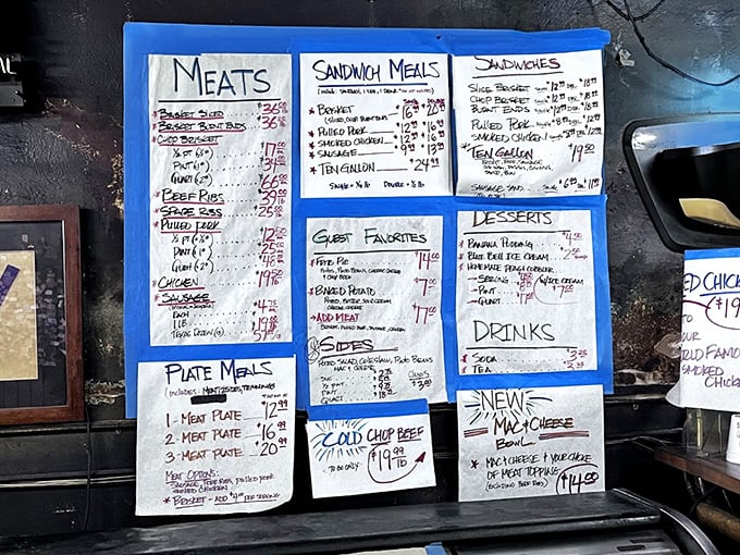 The handwritten menu board – barbecue's version of the Dead Sea Scrolls. No fancy digital displays needed when the meat speaks for itself.