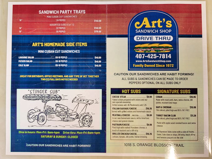 The legendary "Stinger Sub" illustration alone is worth the trip. This menu isn't just food options—it's a roadmap to happiness.