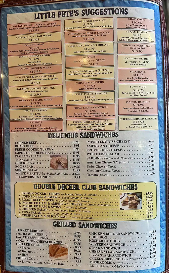This menu isn't just laminated paper—it's a roadmap to happiness. The "Little Pete's Special" isn't just recommended, it's practically mandatory.
