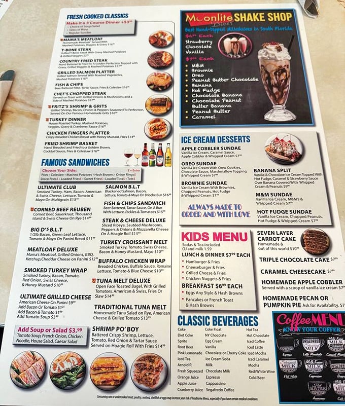 A menu that doesn't just list food but promises happiness—where breakfast is served all day because pancakes don't care what time it is.