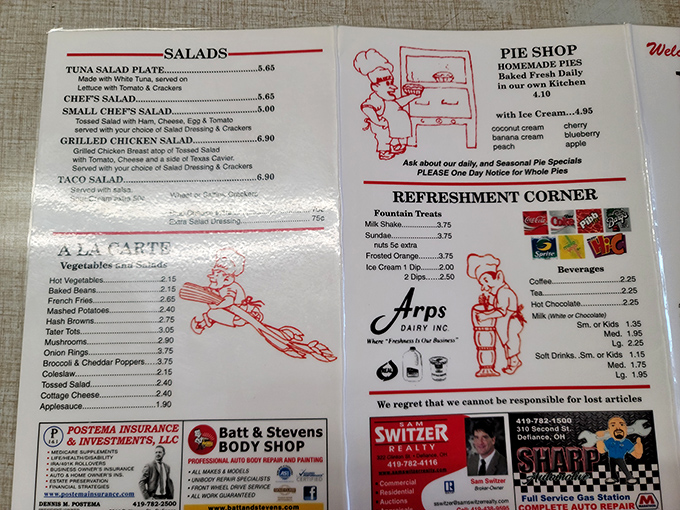 This isn't just a menu—it's a roadmap to comfort food nirvana, complete with illustrations that belong in the Diner Hall of Fame.