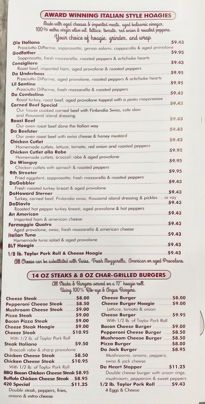 This menu isn't just a list of options – it's a roadmap to happiness. The "Da Wiseguy" sandwich? An offer you literally can't refuse.