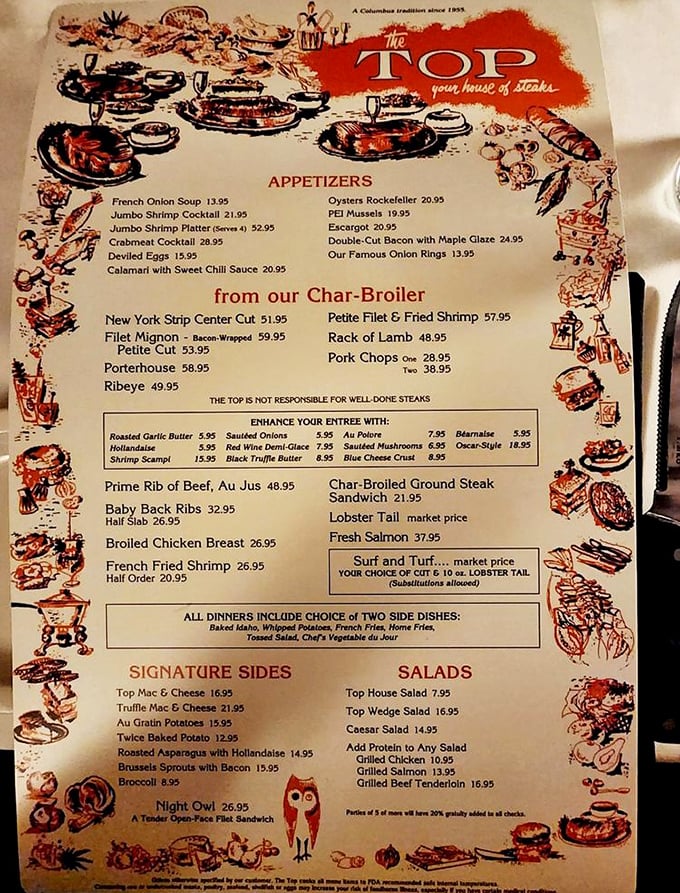 This menu isn't just a list of options – it's a declaration of steakhouse philosophy where char-broiled classics reign supreme and "well-done" is politely discouraged.