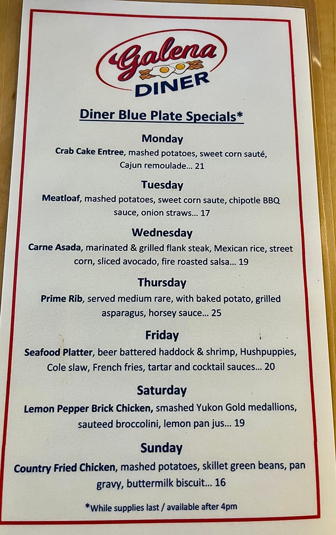 This isn't just a menu—it's a week-long culinary adventure. From Monday's crab cakes to Sunday's country fried chicken, decision paralysis is guaranteed.