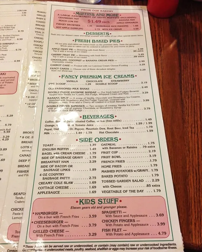 A menu where "diet" is just something printed under the beverages section—this laminated treasure map leads to culinary contentment.