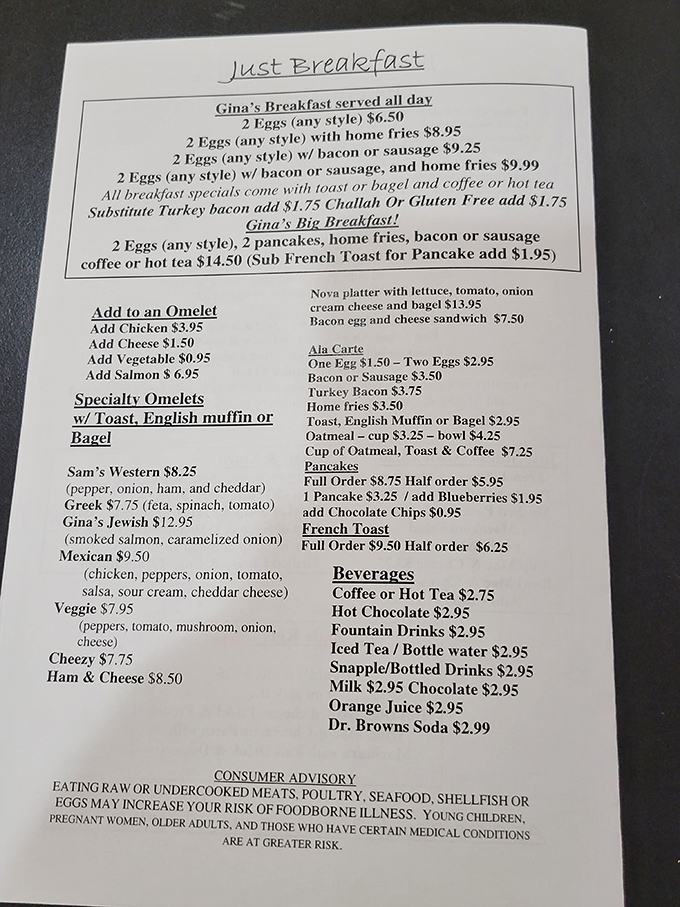 The breakfast menu reads like a love letter to morning classics. Notice Gina's Big Breakfast—the ultimate cure for whatever ailed you last night.