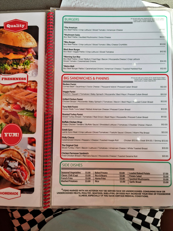This menu isn't just reading material—it's a roadmap to happiness. The burger section alone could solve most of life's problems.