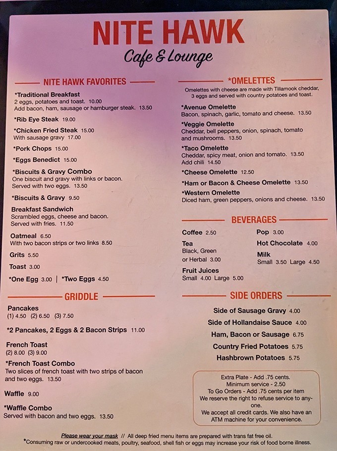 A menu that doesn't need fancy fonts or pretentious descriptions—just honest food that speaks for itself. The French Toast Combo is calling your name.