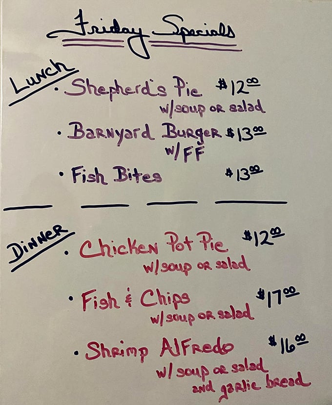 No fancy digital menus here—just honest pub fare scrawled by hand. The Shepherd's Pie and Fish & Chips are calling your name.
