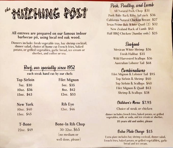 This isn't just a menu; it's a declaration of devotion to meat. Each steak hand-cut and prepared over that legendary red oak fire.