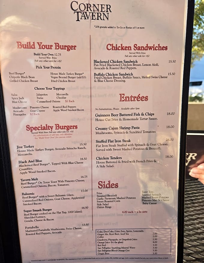 This menu isn't just a list of food – it's a roadmap to happiness. The build-your-own burger section alone could keep you occupied for months.