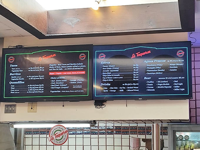 Digital menus display the full arsenal of Mexican comfort food that keeps locals coming back.