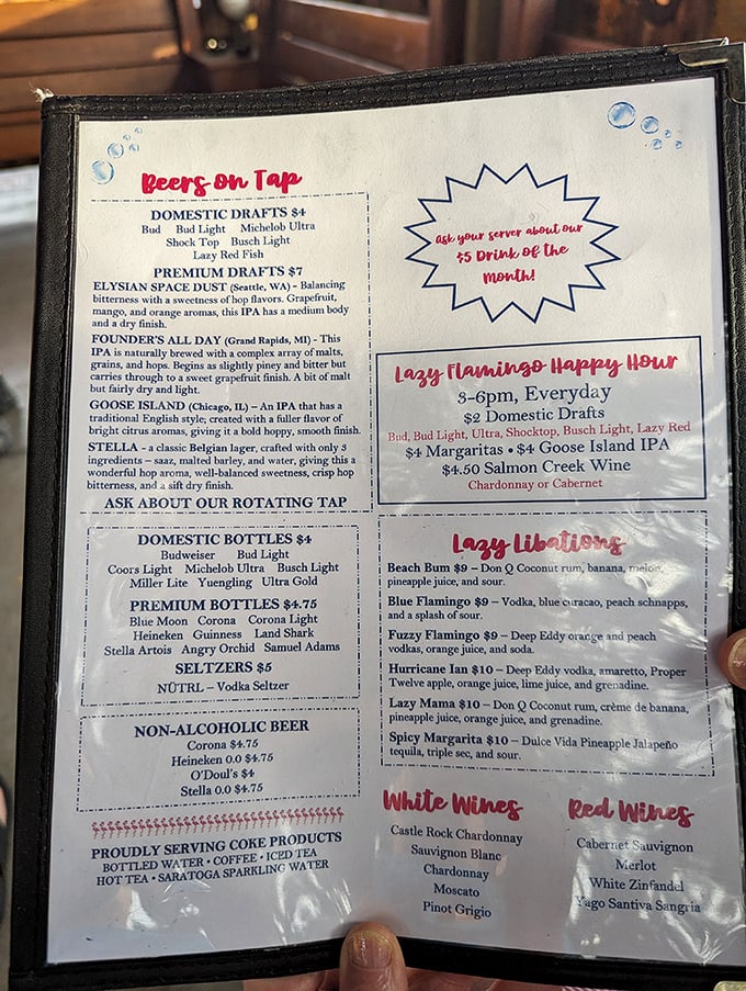 The drink menu reads like a love letter to vacation mode. When a cocktail's called "Hurricane Ian," you know you're drinking with locals.
