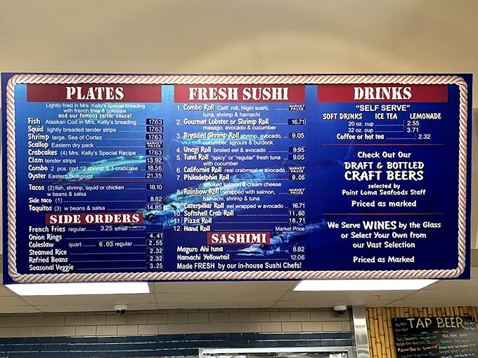 A menu board that reads like poetry to seafood lovers. Decisions, decisions—the kind of life dilemma we should all be so lucky to face.