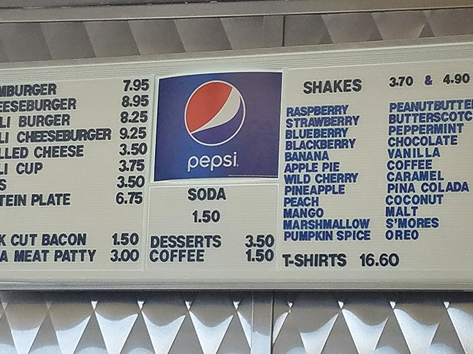 A menu board that doesn't need a translator or a loan officer. Straightforward options with an impressive array of shake flavors that would make a soda jerk blush.