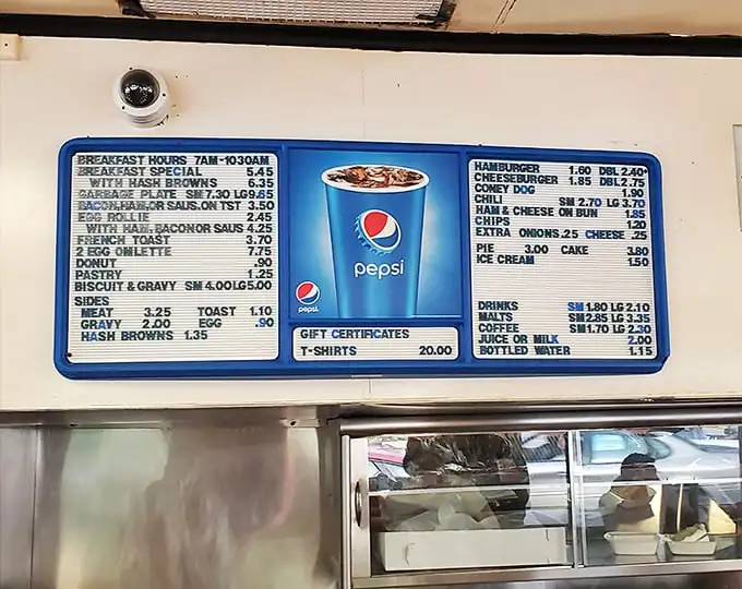 The no-frills menu board tells you everything you need to know: burgers, breakfast, and pie. No avocado toast or deconstructed anything in sight.