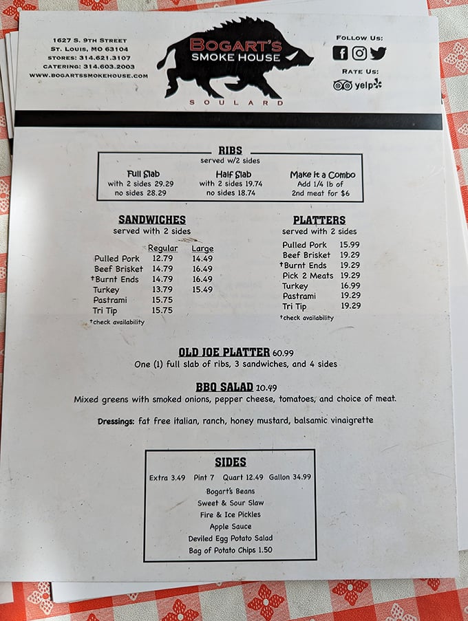 The menu at Bogart's reads like barbecue poetry—ribs, brisket, burnt ends, and pastrami, each promising a different path to meat nirvana.