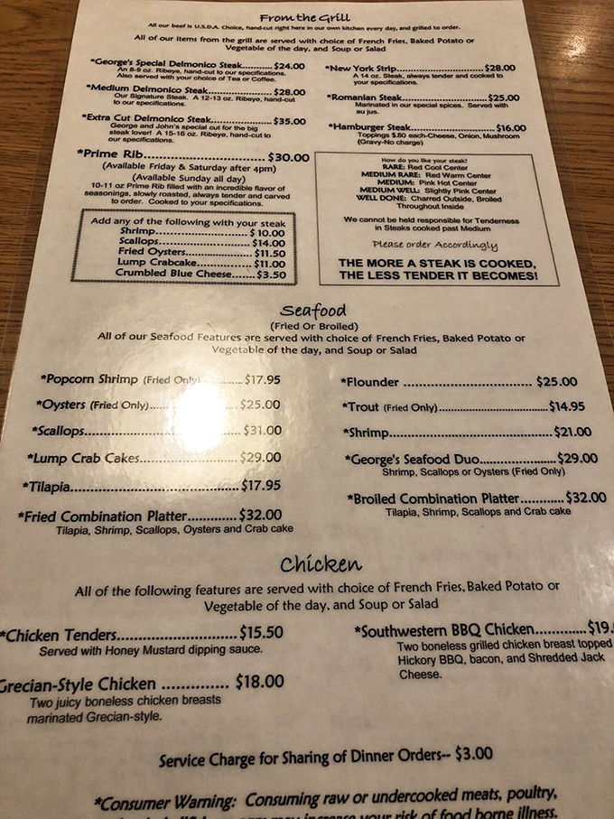 This menu isn't just a list of options – it's a roadmap to happiness. Note the warning about steak doneness – they're not playing around.