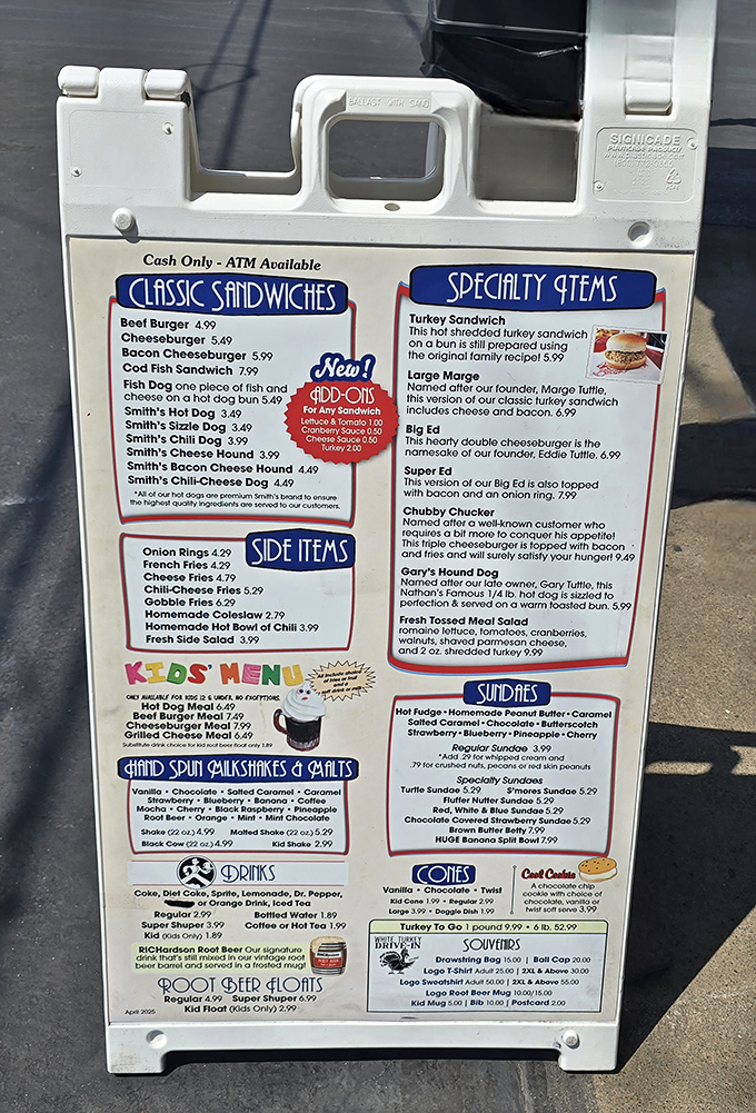 This menu isn't just a list of food—it's a historical document. Each specialty sandwich tells a story of American roadside dining that deserves to be preserved in the Smithsonian.