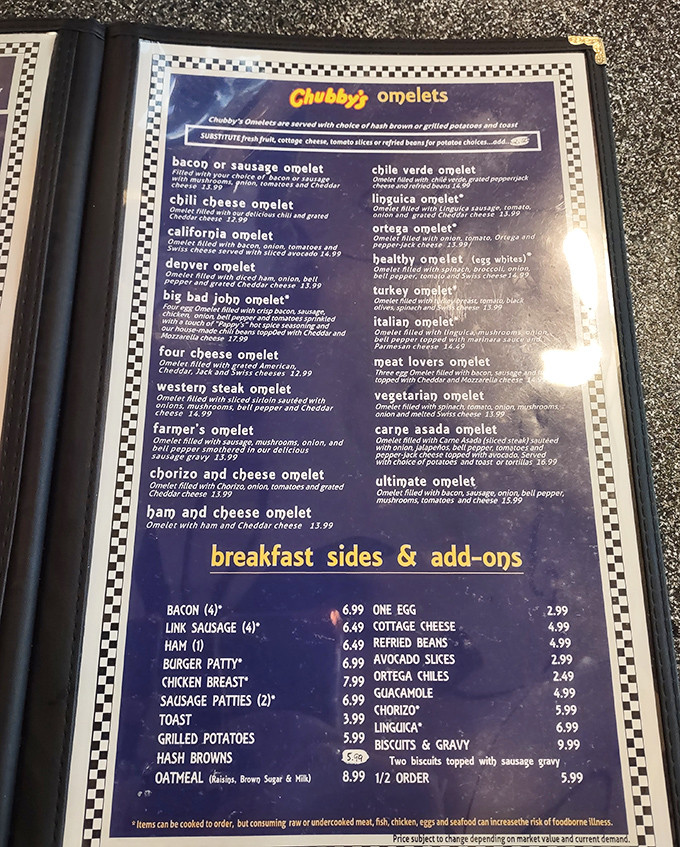 The menu at Chubby's reads like a greatest hits album of American comfort food. Twenty omelet options? That's not a menu—that's commitment.