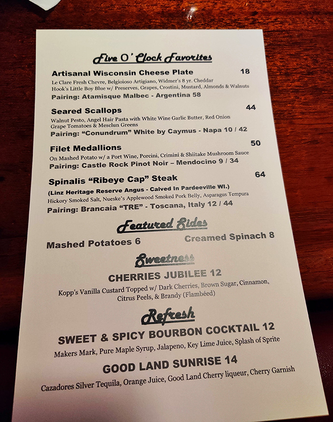 This isn't just a menu—it's a roadmap to happiness. Wisconsin cheese plate to start, Spinalis "Ribeye Cap" to follow, and regrets? None.