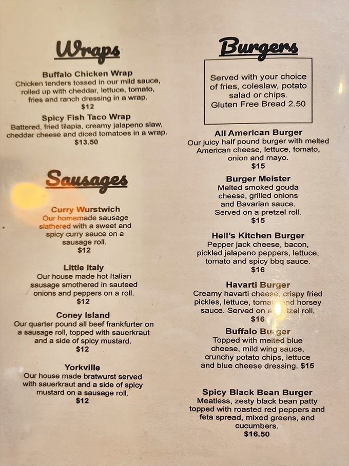 The menu reads like a love letter to comfort food classics, with house-made sausages and creative burgers stealing the spotlight.