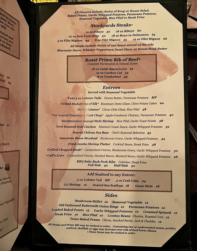 A menu that reads like a carnivore's dream journal. Each option more tempting than the last, with prime rib taking center stage.