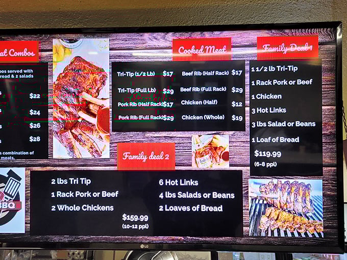 The menu board tells a delicious story in red and black – family deals that could feed a little league team and tri-tip that's worth every penny.
