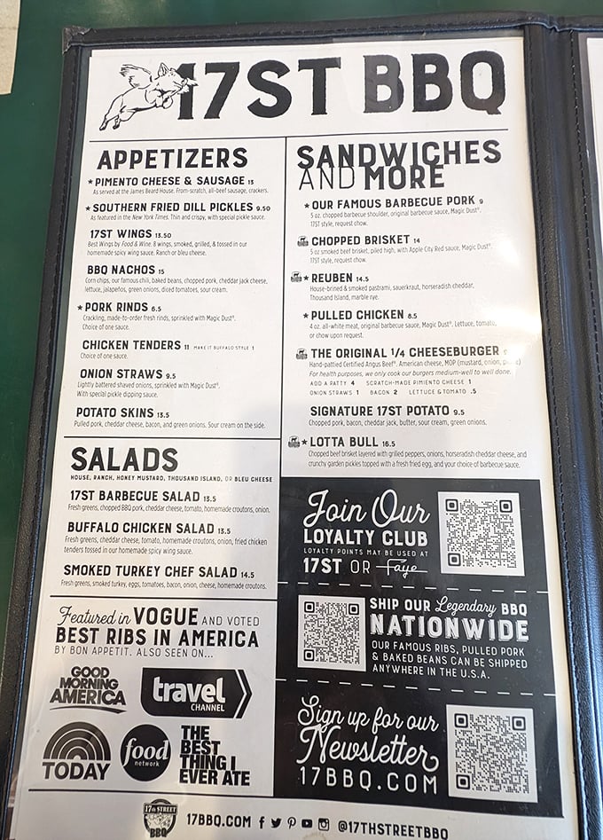 A menu that reads like poetry to meat lovers. Notice the fried pickles calling your name from the appetizer section?
